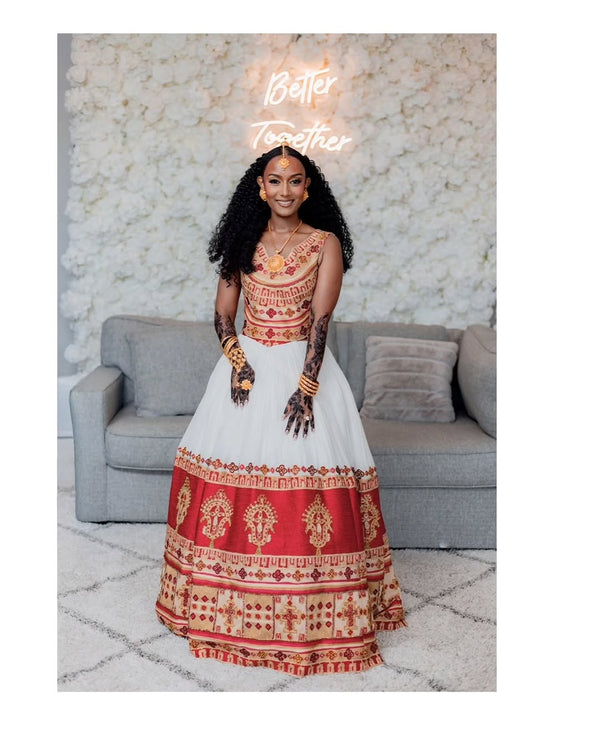 Red Ethiopian Wedding Dress – Luxury Habesha Kemis with Gold Tibeb Emb ...