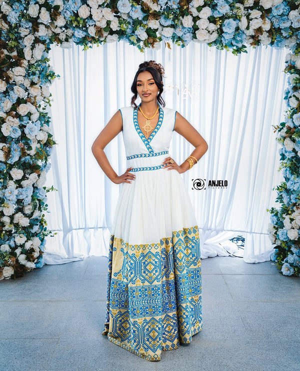 Elegant Blue wedding Habesha Dress – Traditional Habesha Kemis for she ...